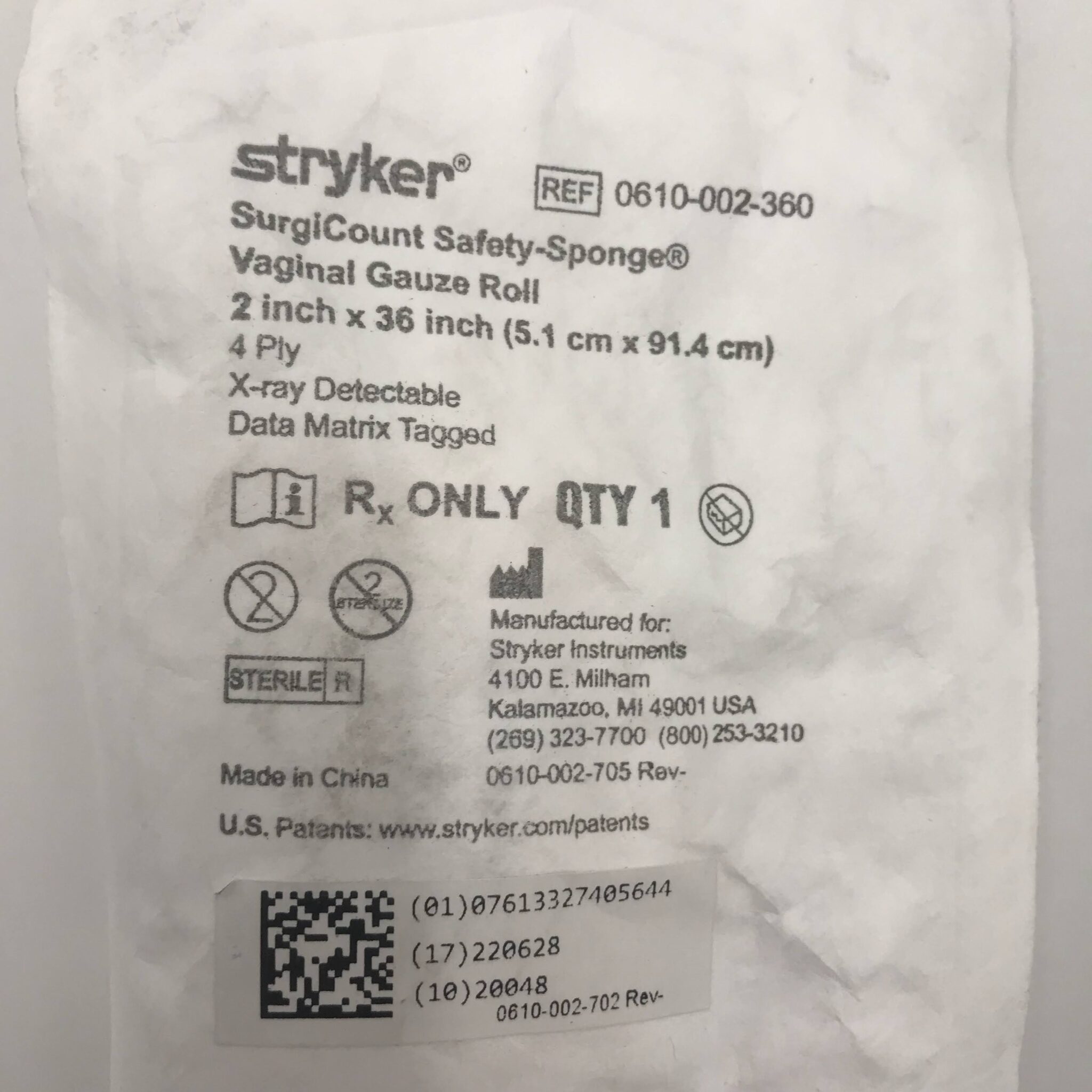 Stryker 0610-002-360 Surgicount Safety-Sponge Vaginal Gauze Roll 2in x ...