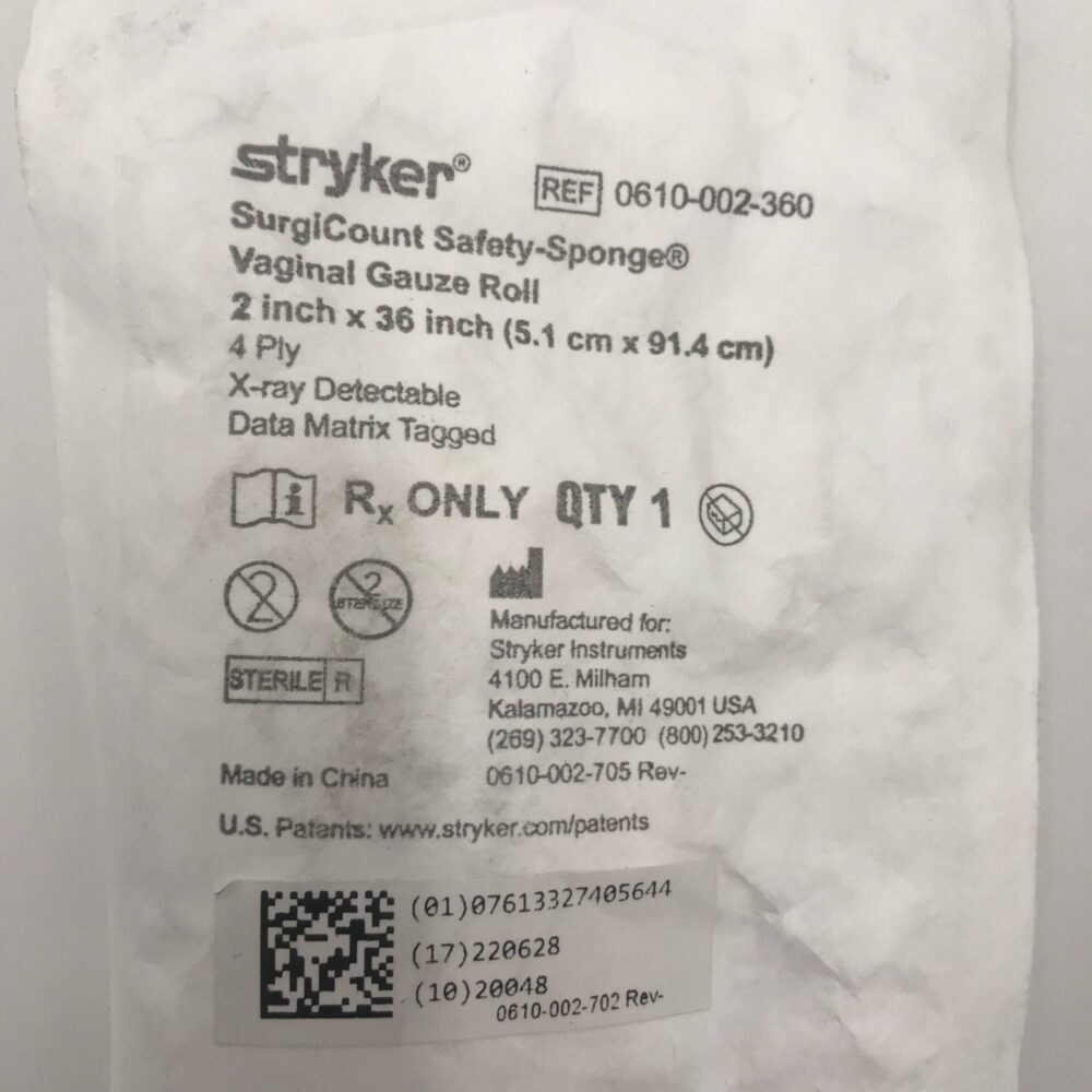 Stryker 0610-002-360 Surgicount Safety-Sponge Vaginal Gauze Roll 2in x ...