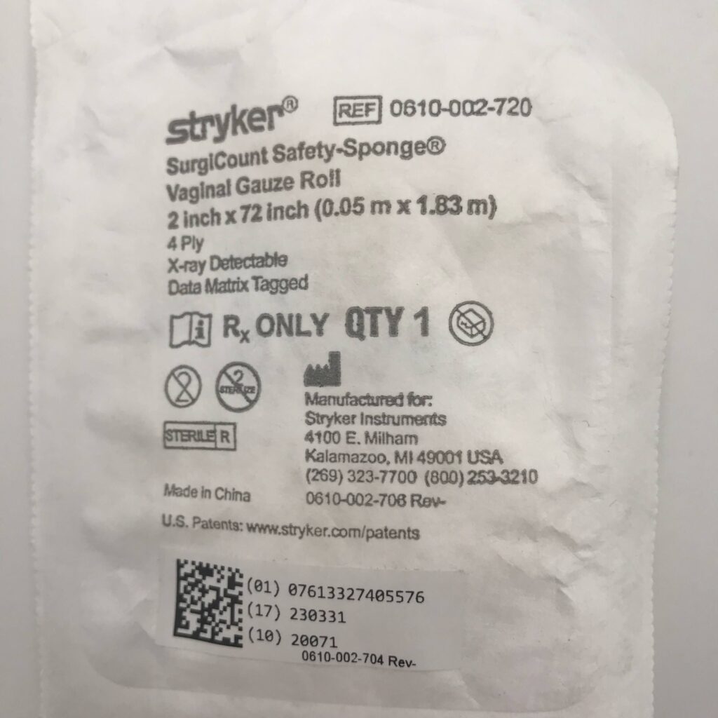 Stryker 0610-002-720 SurgiCount Safety-Sponge Vaginal Gauze Roll 2in x ...
