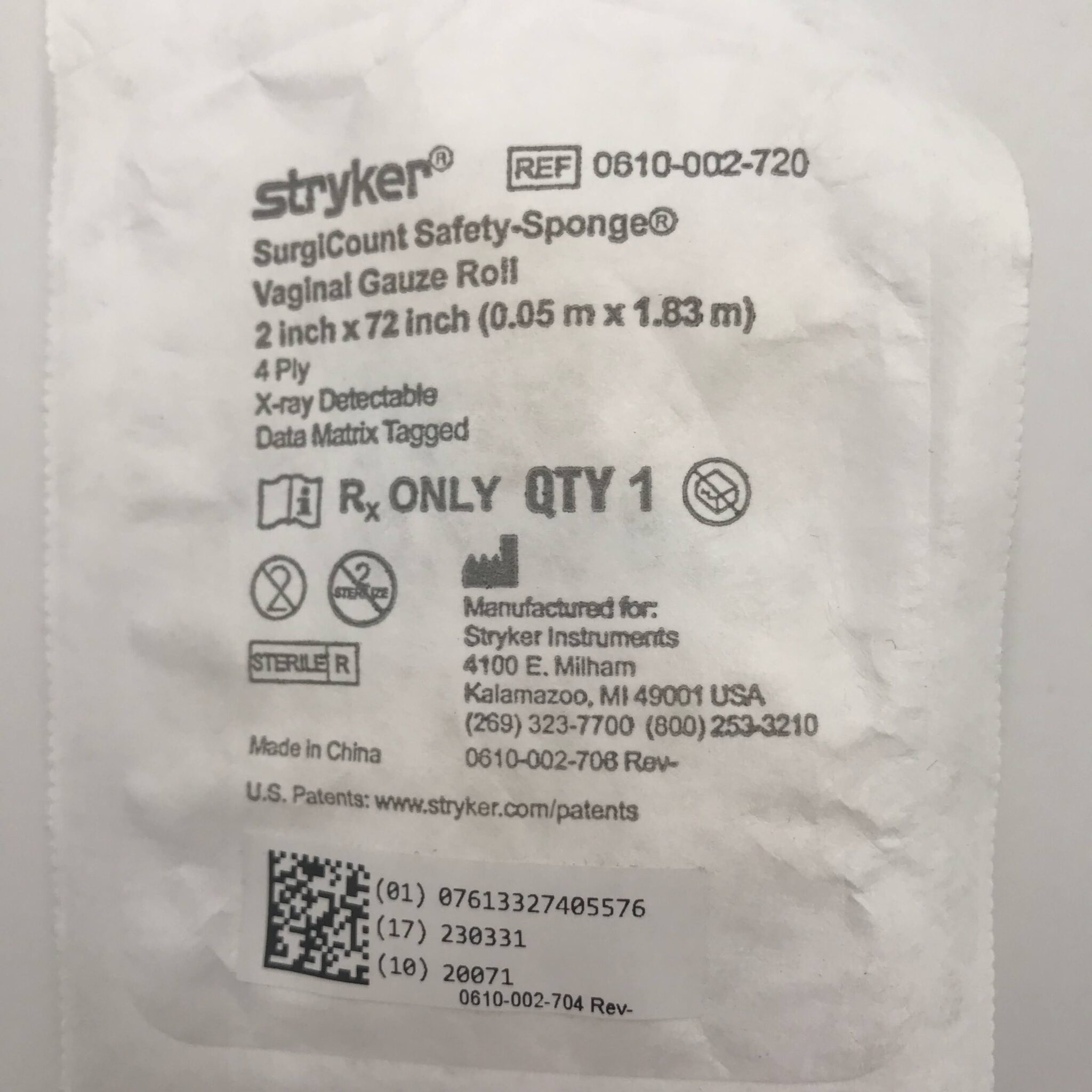 Stryker 0610-002-720 SurgiCount Safety-Sponge Vaginal Gauze Roll 2in x ...