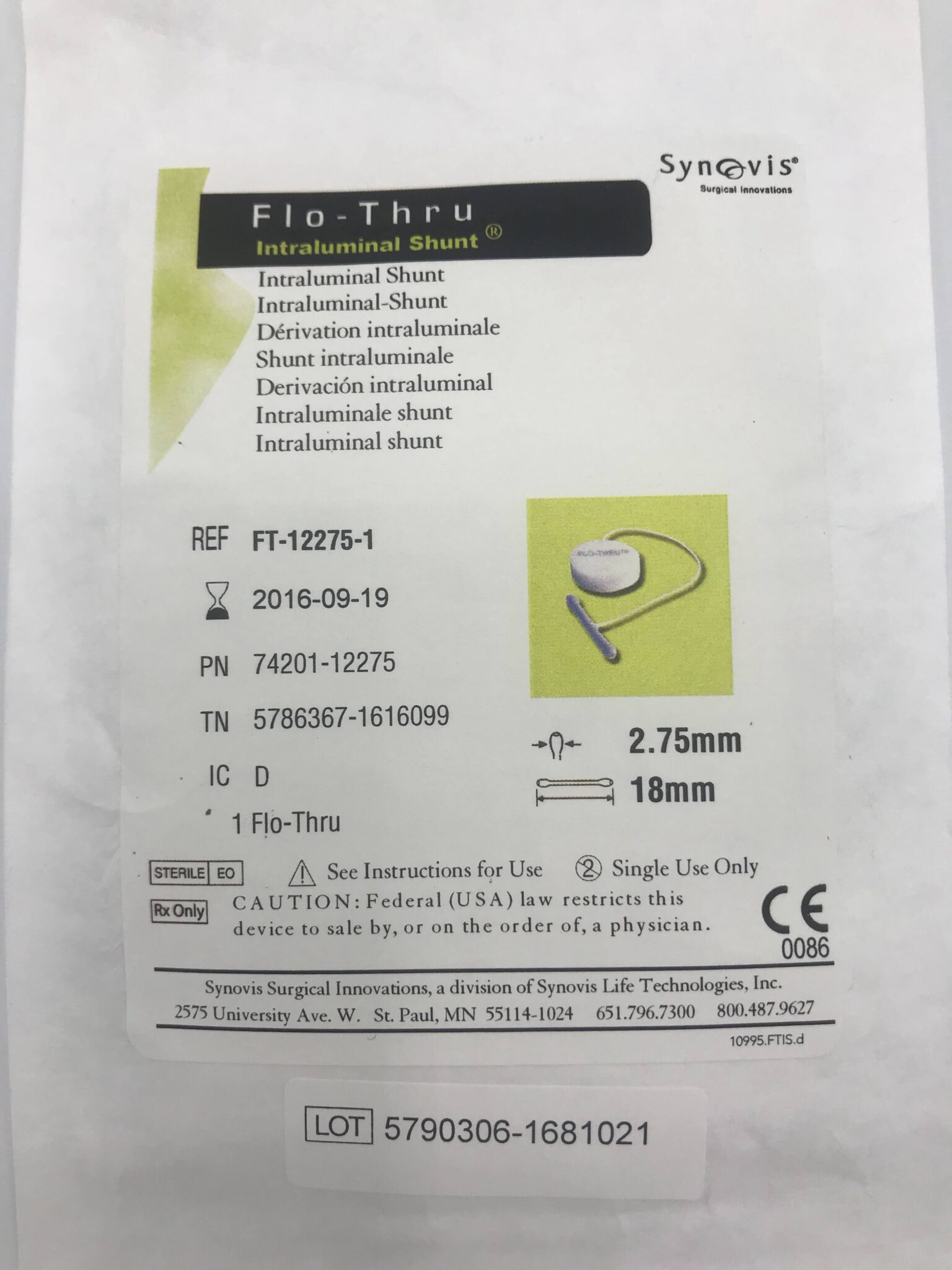 Synovis FT-12275-1 Flo-Thru, Intraluminal Shunt, (2.75mm 18mm) (x) - GB ...