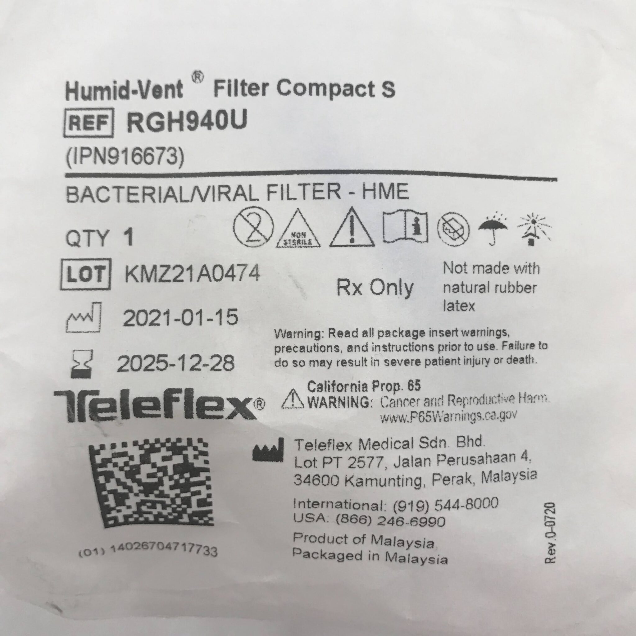 TeleFLex Medical RGH940U Humid-Vent Filter Compact S - GB TECH USA