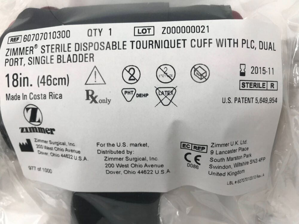 ZIMMER 60707010300 Disposable Tourniquet Cuff w/ PLC, Dual Port, Single ...