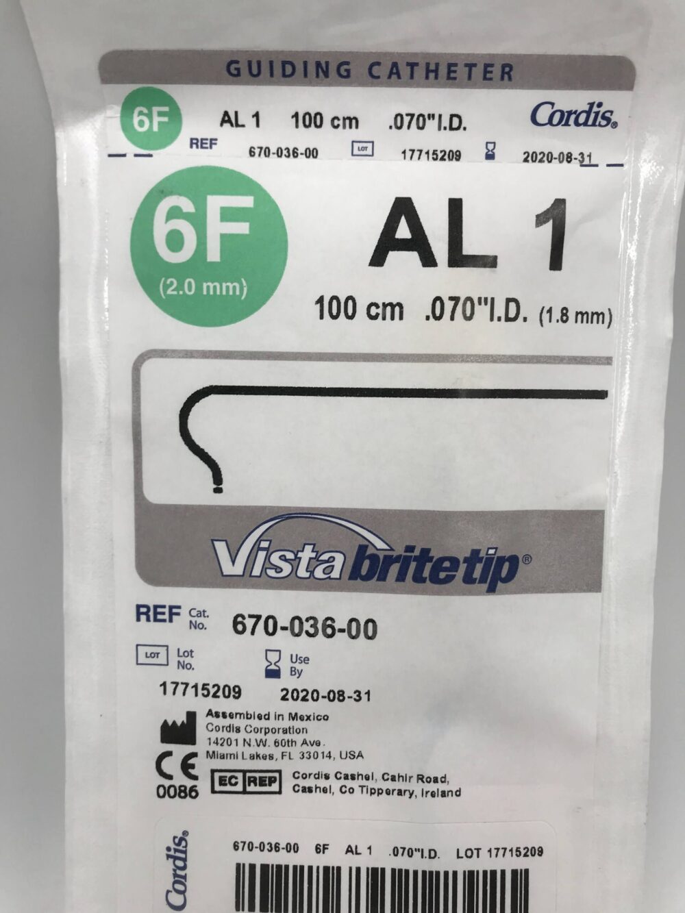 Cordis 670-036-00 Vista Brite Tip Guiding Catheter AL 1, 6F (x) - GB ...