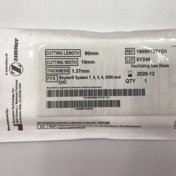 Synvasive Technology 19090137YG1 Zimmer Oscillating Saw Blade 90mm (x ...