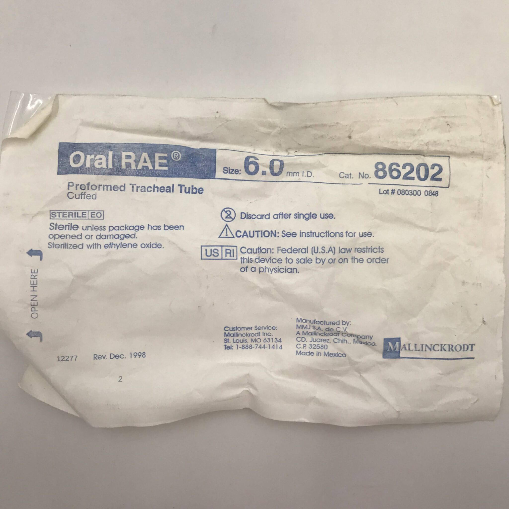 Mallinckrodt 86202 Oral RAE Preformed Tracheal Tube, Cuffed, 6mm (x ...