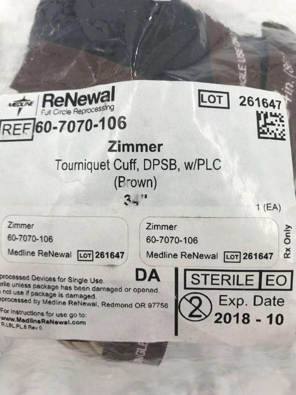 ZIMMER 60-7070-106 Tourniquet Cuff, 34in Dual Port, Single Bladder ...