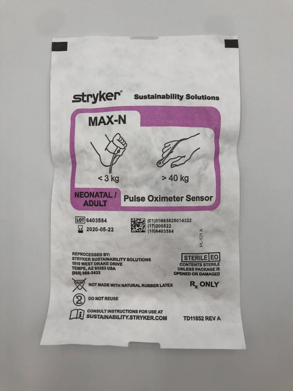 STRYKER MAX-N Neonatal/Adult Pulse Oximeter Sensor 40kg (Reprocessed ...