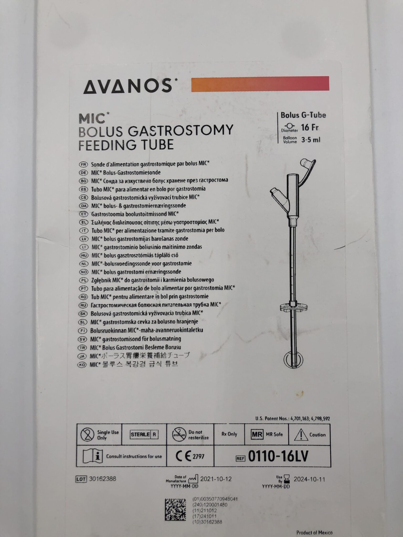 AVANOS 0110-16LV MIC Bolus Gastrostomy Feeding Tube 16Fr - GB TECH USA