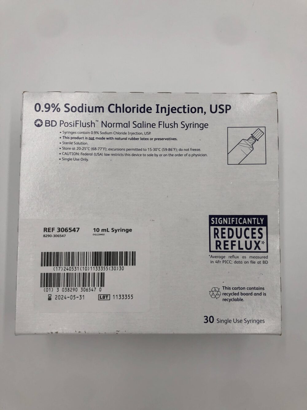 BD 306547 0.9% Sodium Chloride Injection PosiFlush Normal 10ml Saline Flush Syringe (30/Bx) - GB ...