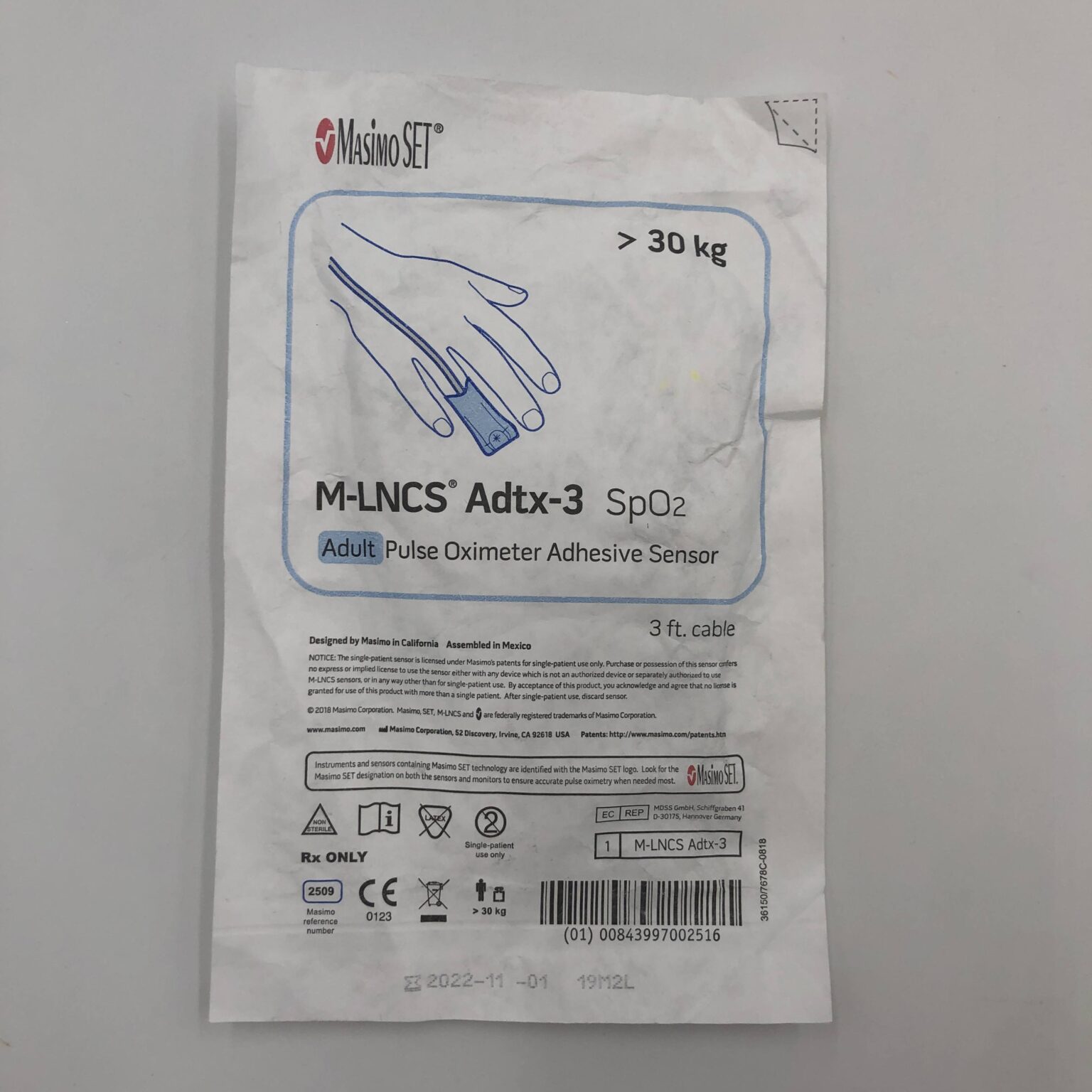 MASIMO 2509 M-LNCS Adtx-3 SpO2 Adult Pulse Oximeter Adhesive Sensor 3ft ...