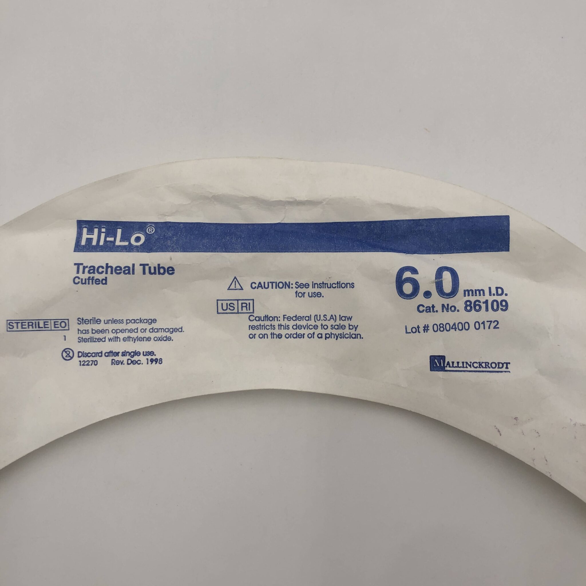 MALLINCKRODT/ COVIDIEN 86109 Hi-Lo Tracheal Tube Cuffed 6mm ID (X) - GB ...