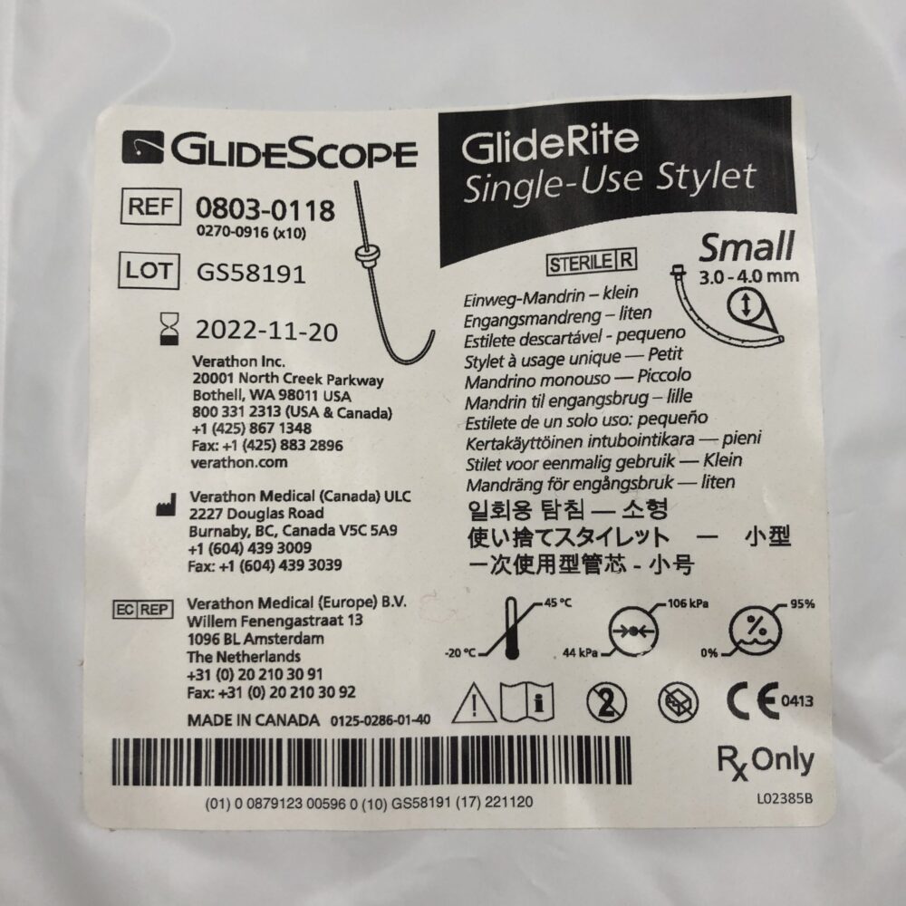 Verathon 0803-0118 GlideScope GlideRite Single-Use Stylet Small 3.0-4 ...