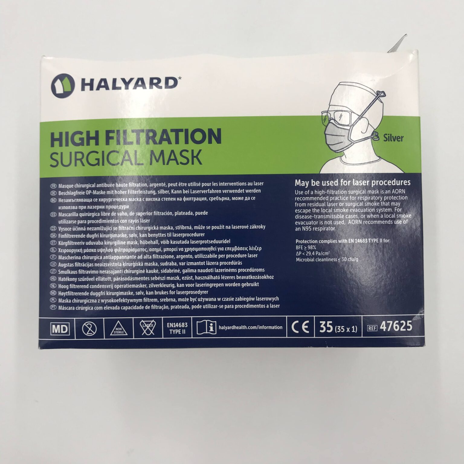 HALYARD 47625 High Filtration Surgical Mask, Silver (35/Box) - GB TECH USA