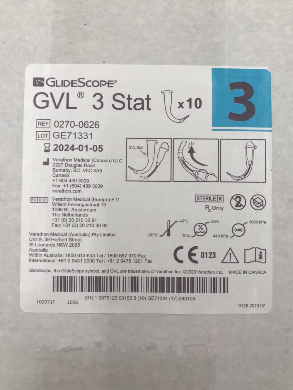 Verathon 0270-0626 GlideScope GVL 3 Stat (10/Box) - GB TECH USA