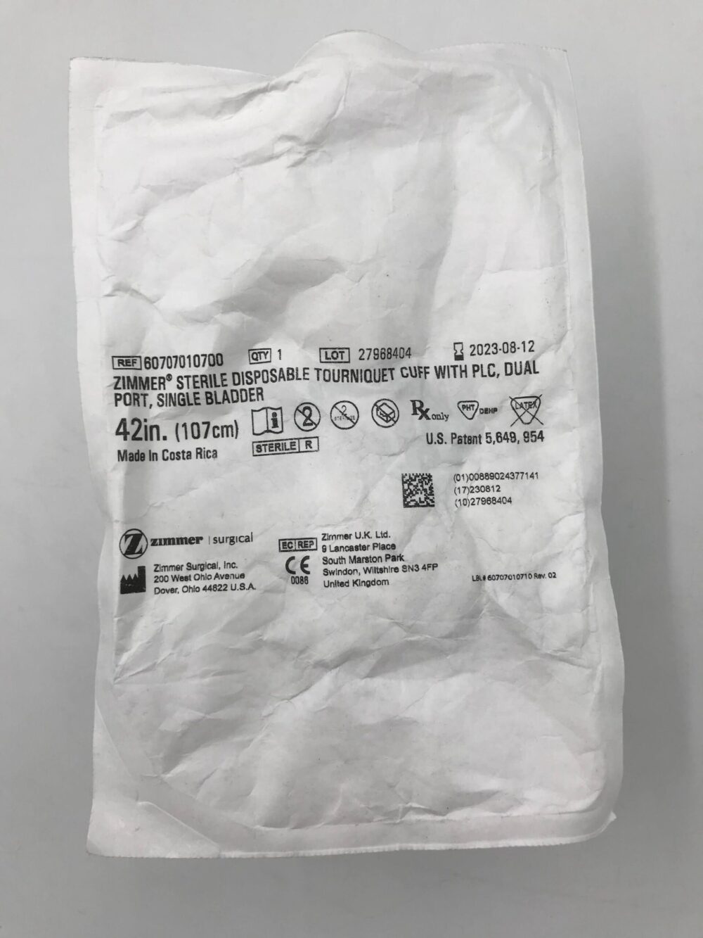 ZIMMER 60707010700 Disposable Tourniquet Cuff w/ PLC, Dual Port, Single ...