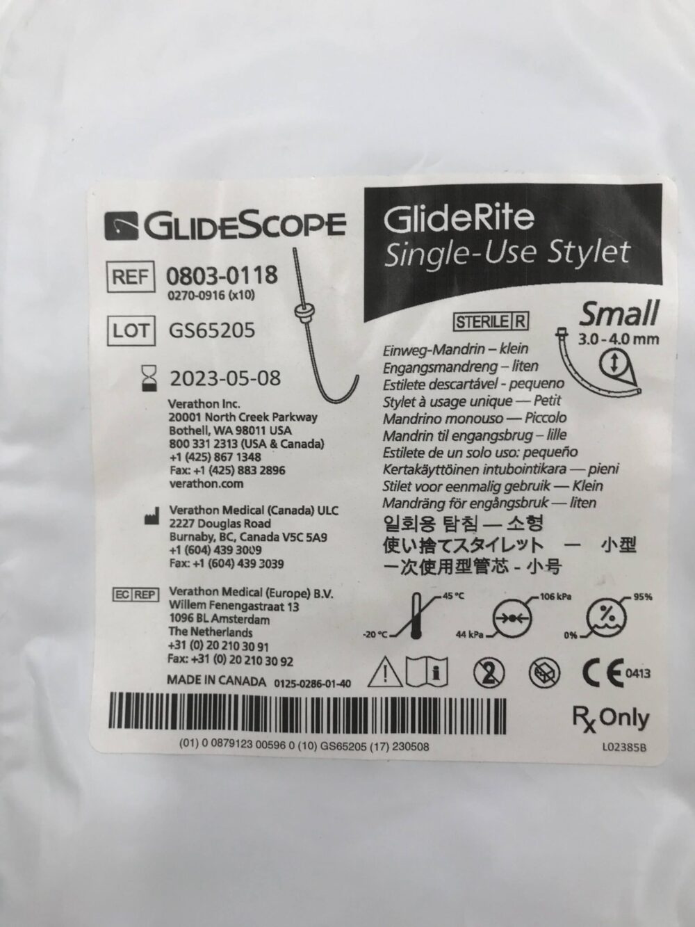 Verathon 0803-0118 GlideScope GlideRite Single-Use Stylet Small 3.0-4 ...