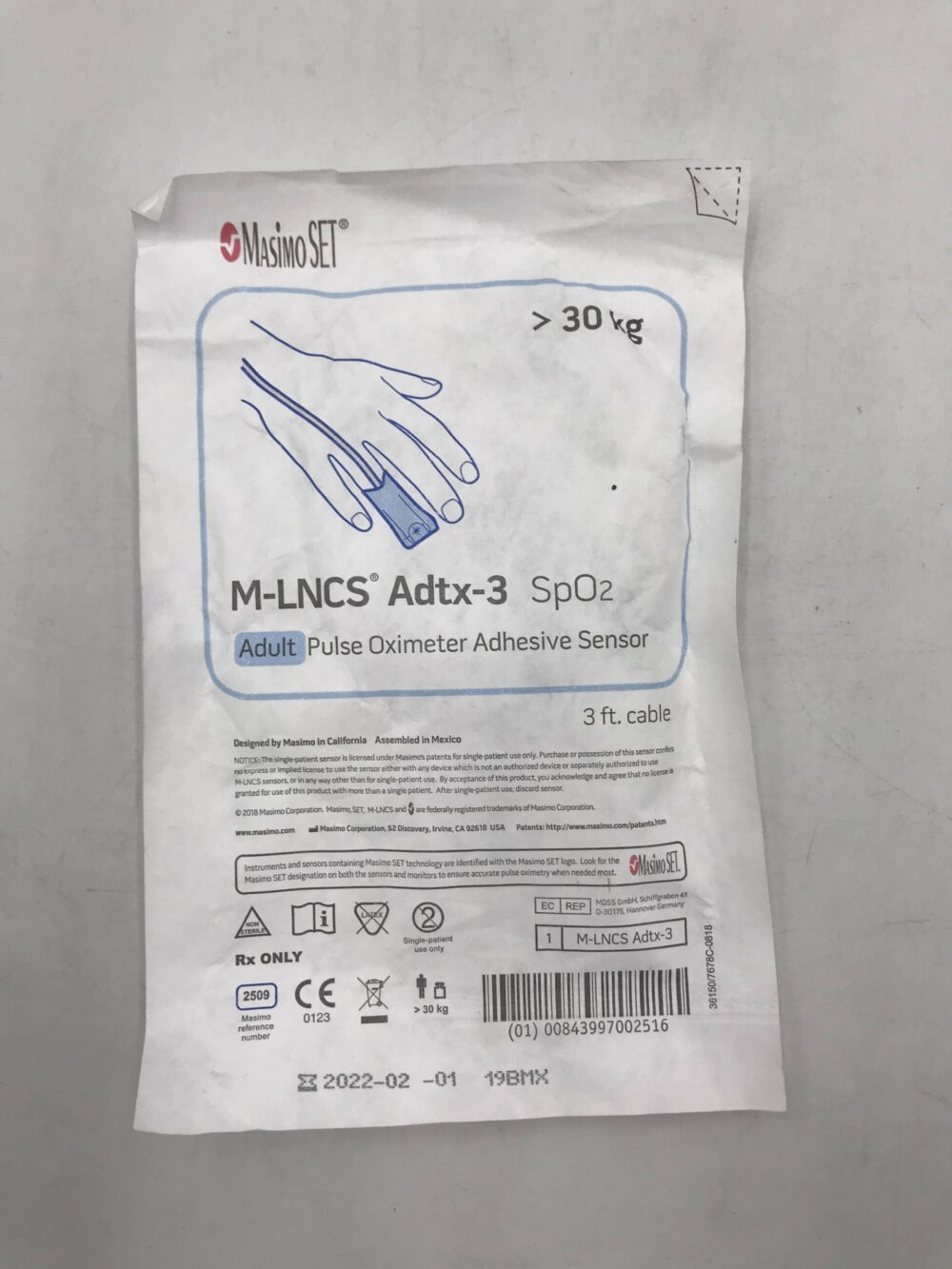 MASIMO 2509 M-LNCS Adtx-3 SpO2 Adult Pulse Oximeter Adhesive Sensor 3ft ...