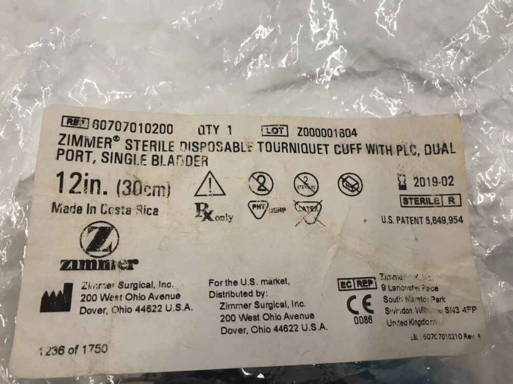 Zimmer 60707010200 Disposable Tourniquet Cuff w/ PLC, Dual Port, Single ...