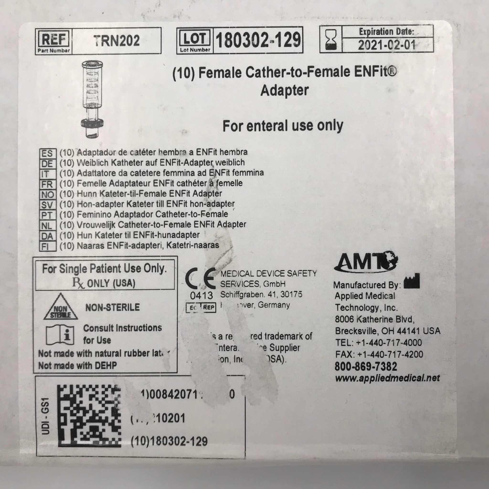 Applied Medical TRN202 Female Cather-to-Female ENFit Adapter (10/Box ...