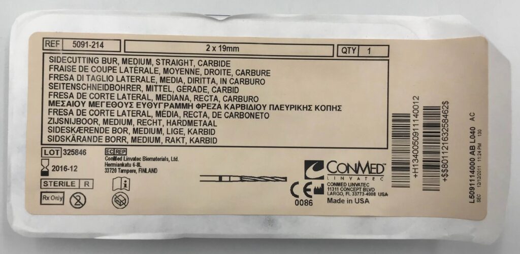 ConMed 5091-214 SideCutting Bur, Medium Straight, Carbide 2x19mm (x ...