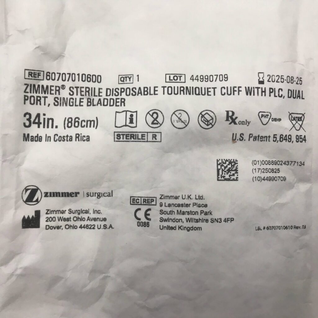 Zimmer 60707010600 Sterile Disposable Tourniquet Cuff w/ PLC, Dual Port ...
