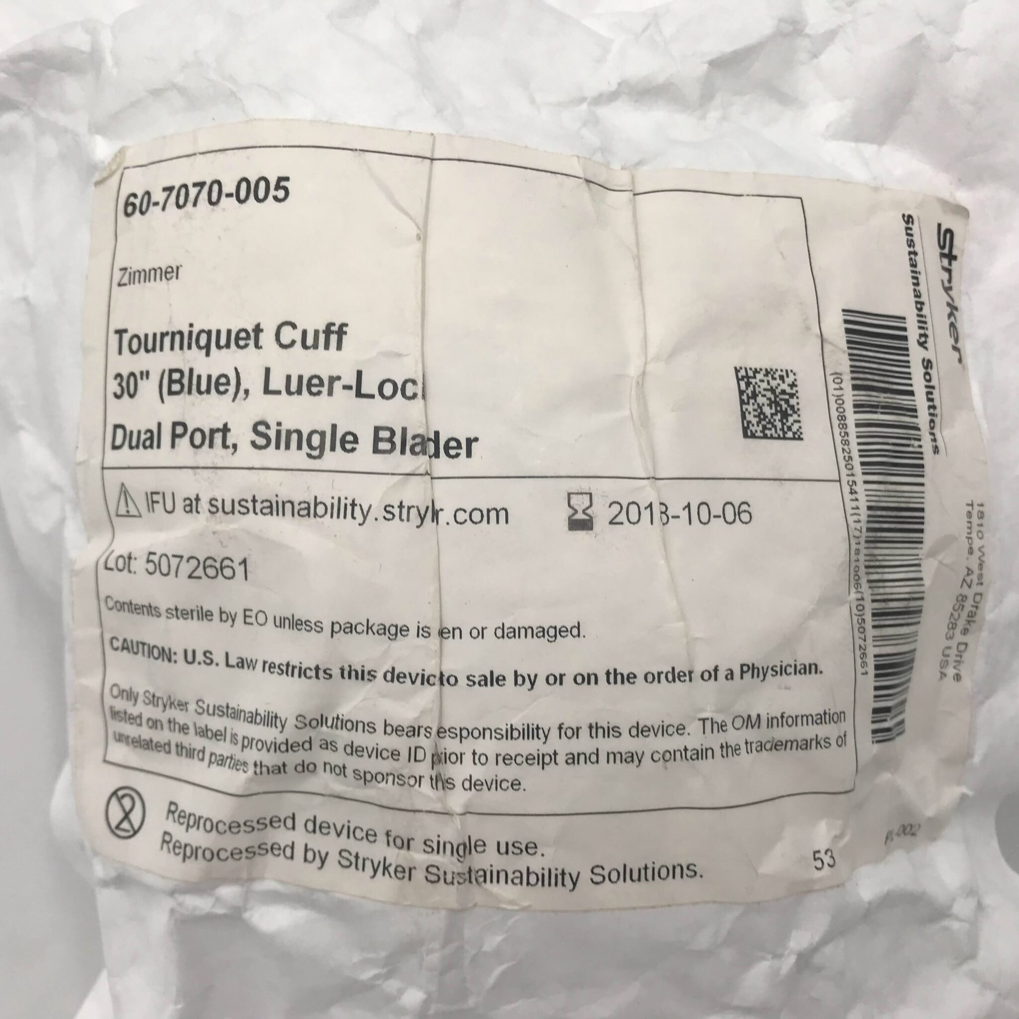 Zimmer 60-7070-005 Tourniquet Cuff 30in (Blue), Luer-Lock Dual Port ...