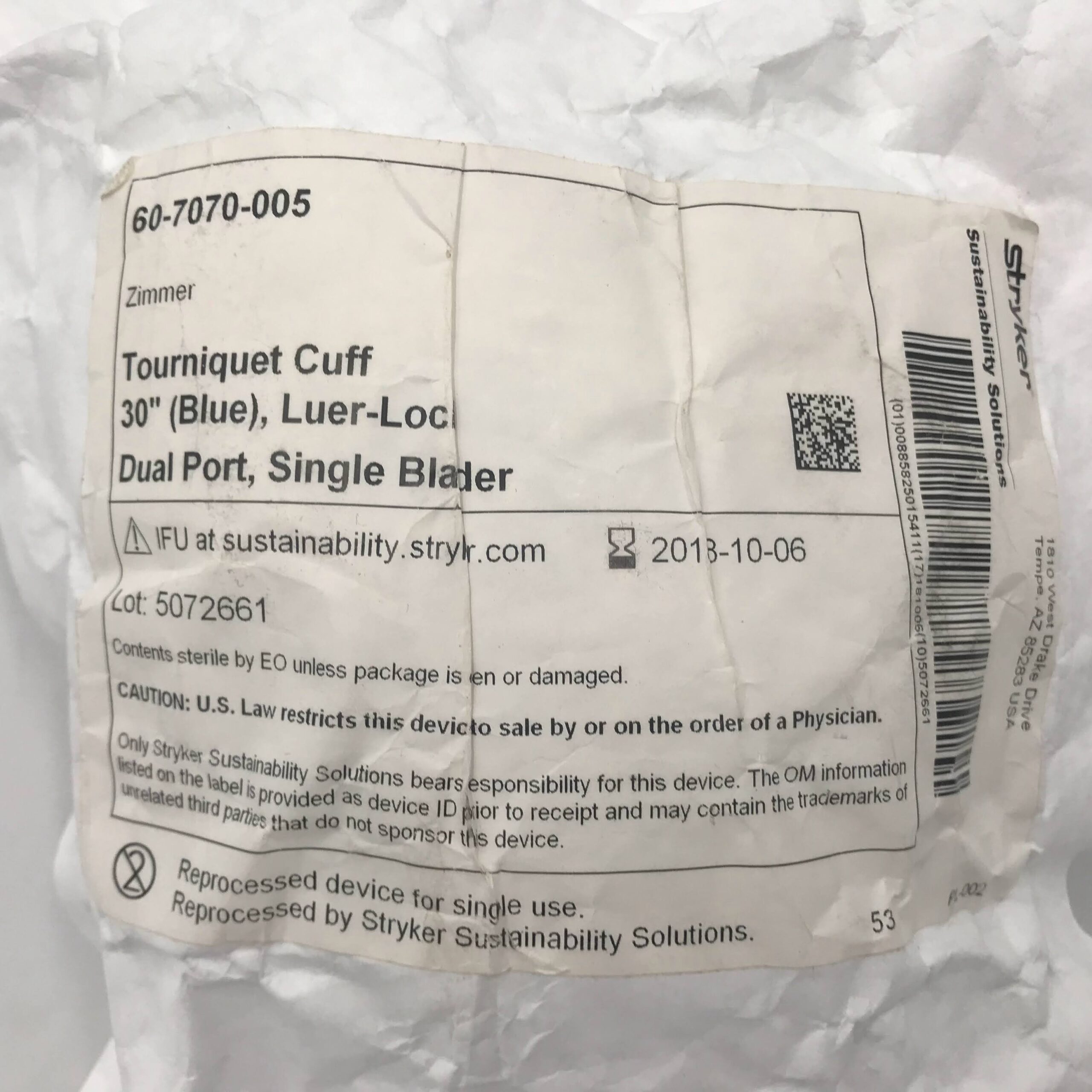 Zimmer 60-7070-005 Tourniquet Cuff 30in (Blue), Luer-Lock Dual Port ...