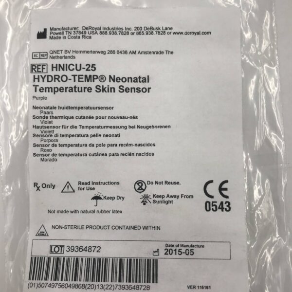 DeRoyal HNICU-25 Hydro-Temp Neonatal Temperature Skin Sensor Purple ...