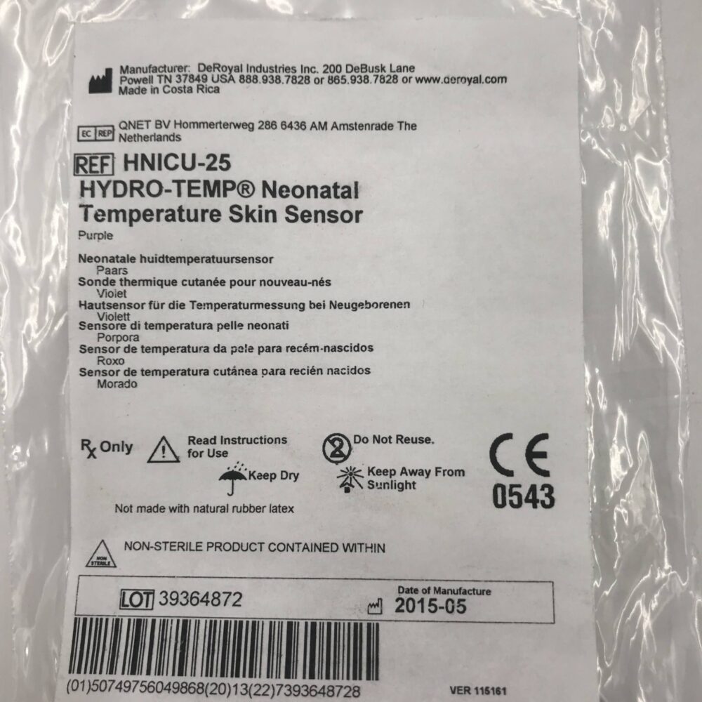 DeRoyal HNICU-25 Hydro-Temp Neonatal Temperature Skin Sensor Purple ...