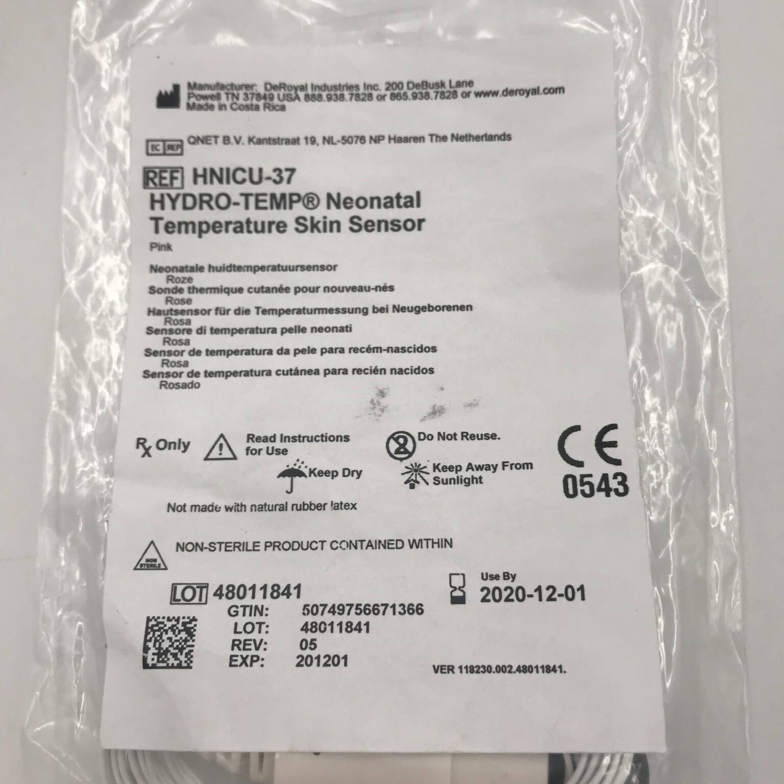 DeRoyal HNICU-37 Hydro-Temp Neonatal Temperature Skin Sensor Pink (X ...