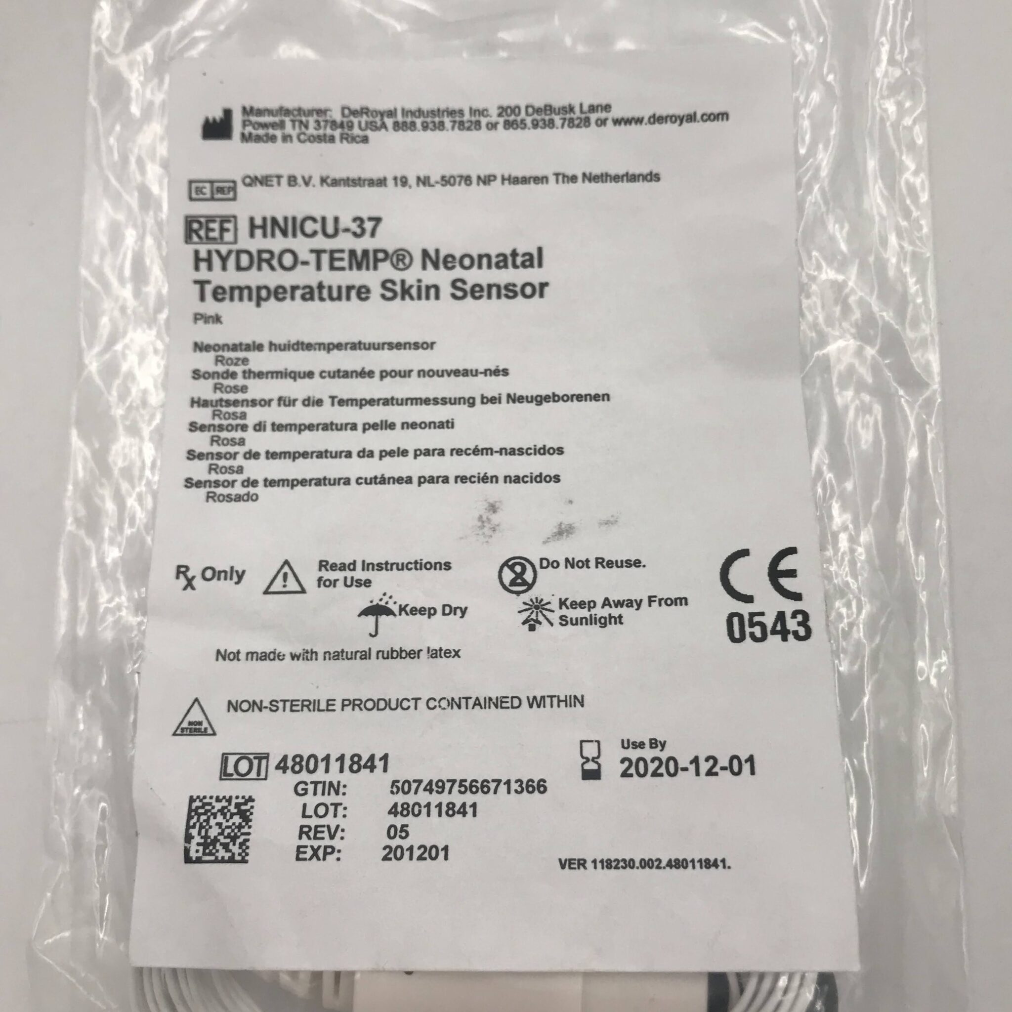 DeRoyal HNICU-37 Hydro-Temp Neonatal Temperature Skin Sensor Pink (X ...