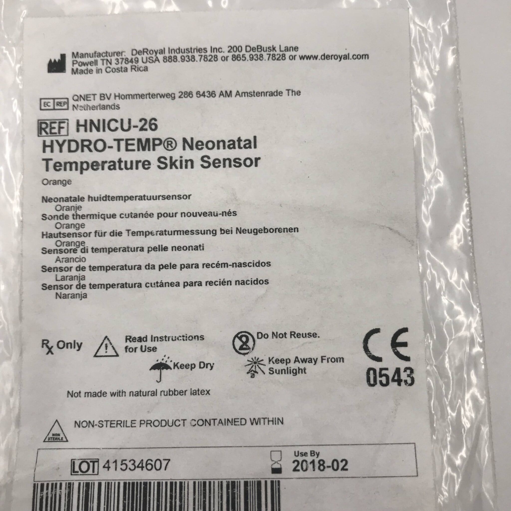 DeRoyal HNICU-26 HYDRO-TEMP Neonatal Temperature Skin Sensor Orange (X ...