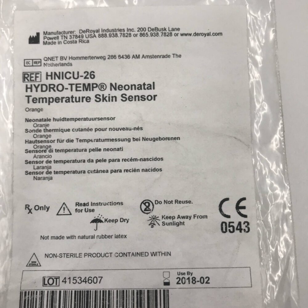 DeRoyal HNICU-26 HYDRO-TEMP Neonatal Temperature Skin Sensor Orange (X ...