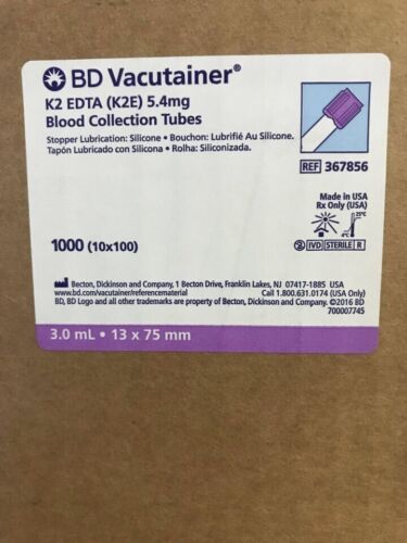 BD 367856 K2 EDTA (K2E) 5.4mg Collection Tubes (1000Tubes/Case) (X ...