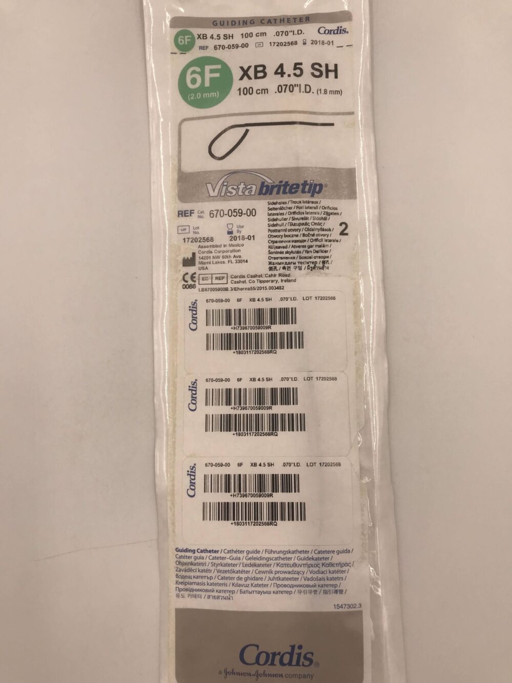 CORDIS 670-059-00 Vista BriteTip Guiding Catheter XB 4.5 SH 6F (X) - GB ...