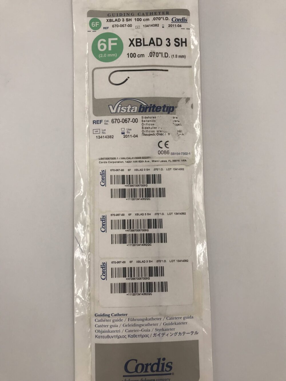 CORDIS 670-067-00 Vista BriteTip Guiding Catheter XBLAD 3 SH 6F (X ...