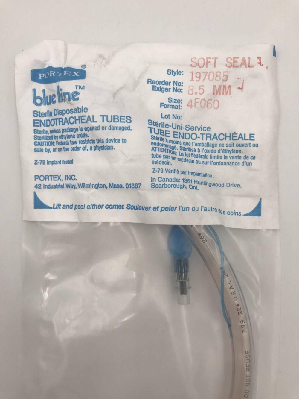 PORTEX 197085 Blue Line Sterile Disposable Endotracheal Tube 8.5mm - GB ...