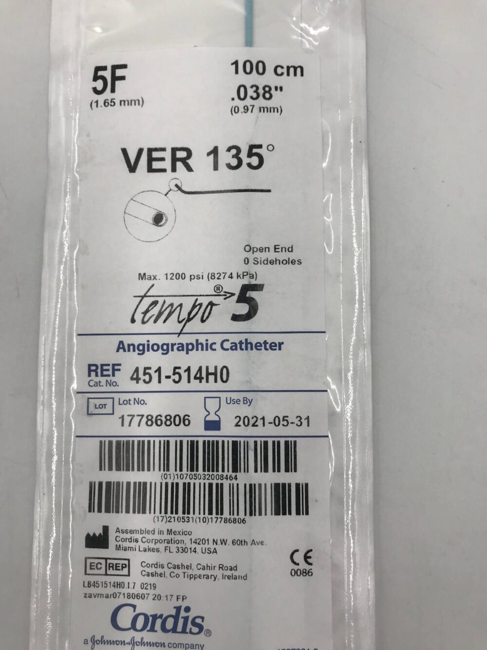 CORDIS 451-514H0 Tempo5 Angiographic Catheter VER 135° 5F 100cm (X ...