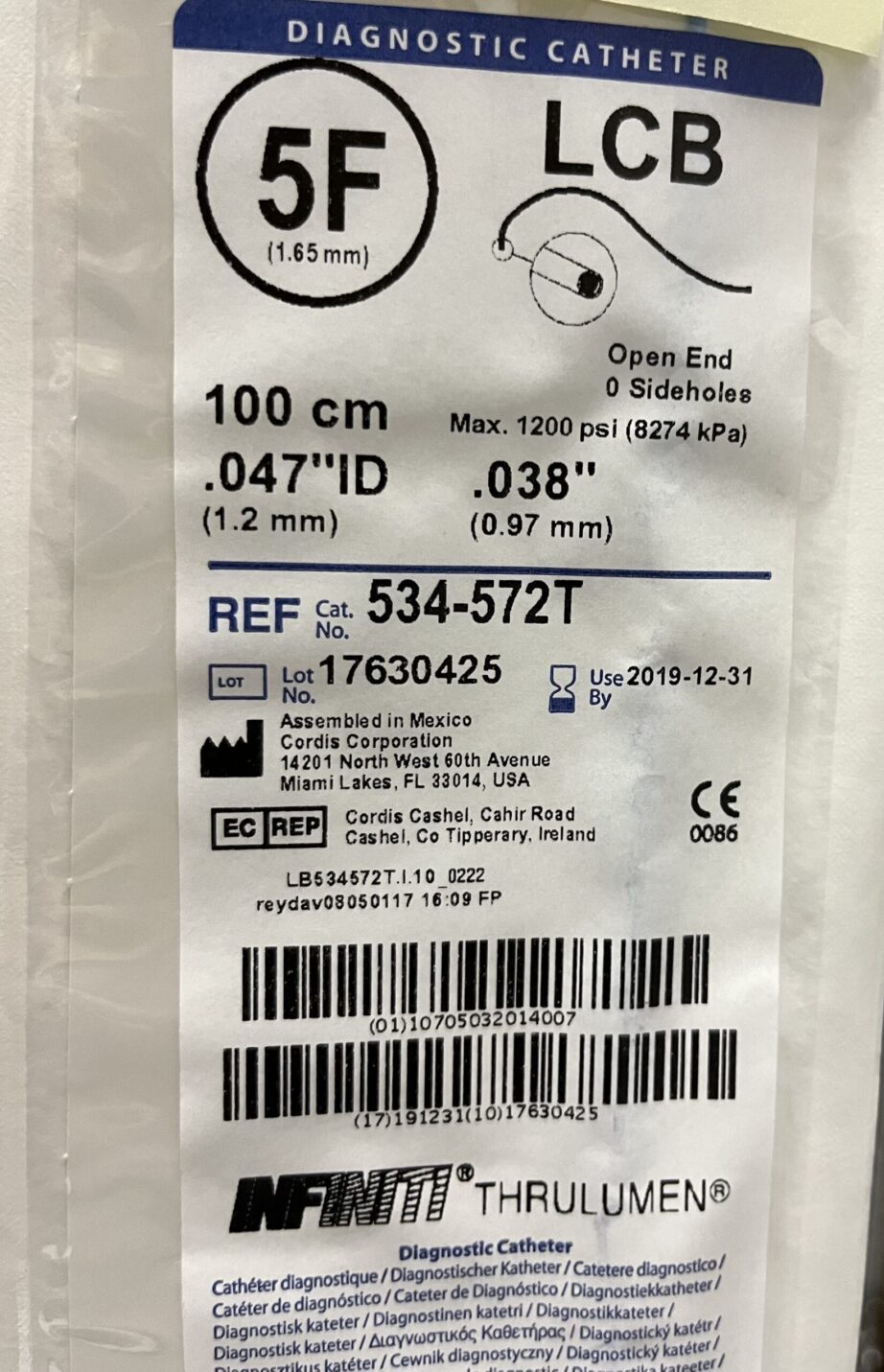 CORDIS 534-572T Infiniti Thrulumen Diagnostics Catheter LCB 5F 100cm (X ...