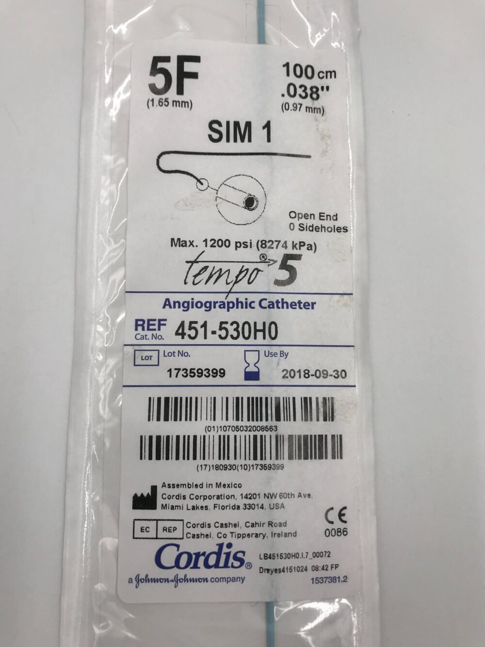 CORDIS 451-530H0 Tempo5 Angiographic Catheter SIM 1 5F 100cm (X) - GB ...