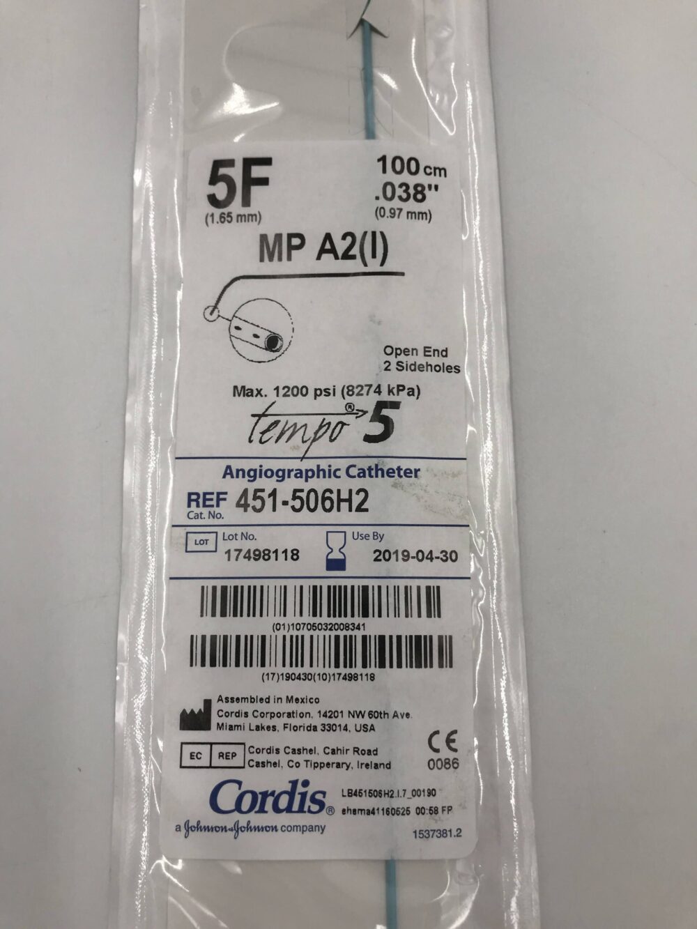 CORDIS 451-506H2 MP A2 (I) Tempo5 Angiographic Catheter 5F 100cm (X ...