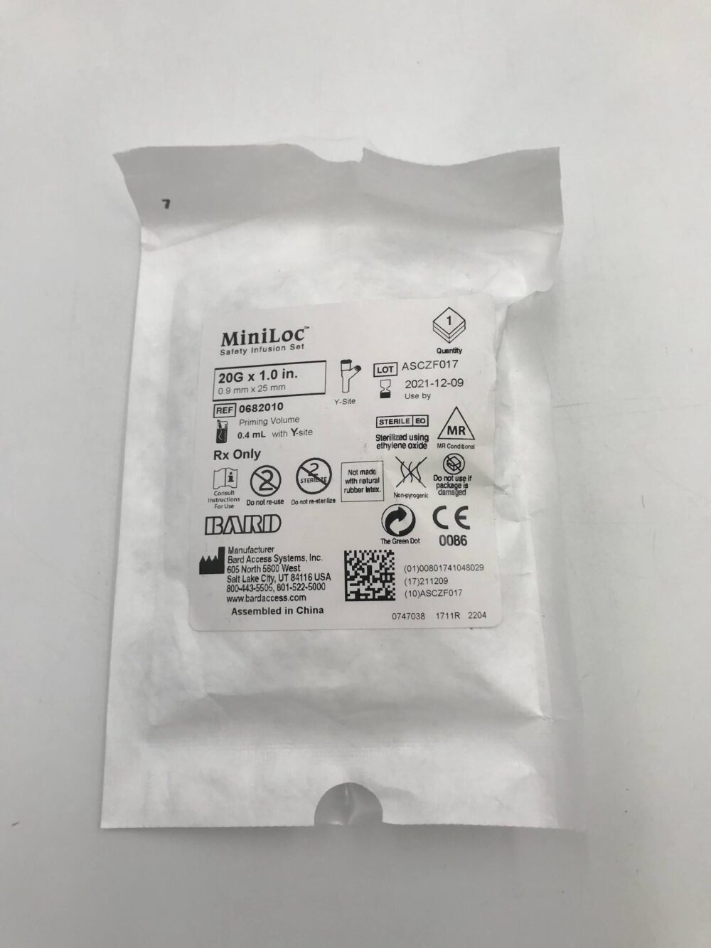 Bard MiniLoc Safety Infusion Set 20G x 1.0" Priming Volume Vol. 0.4mL ...