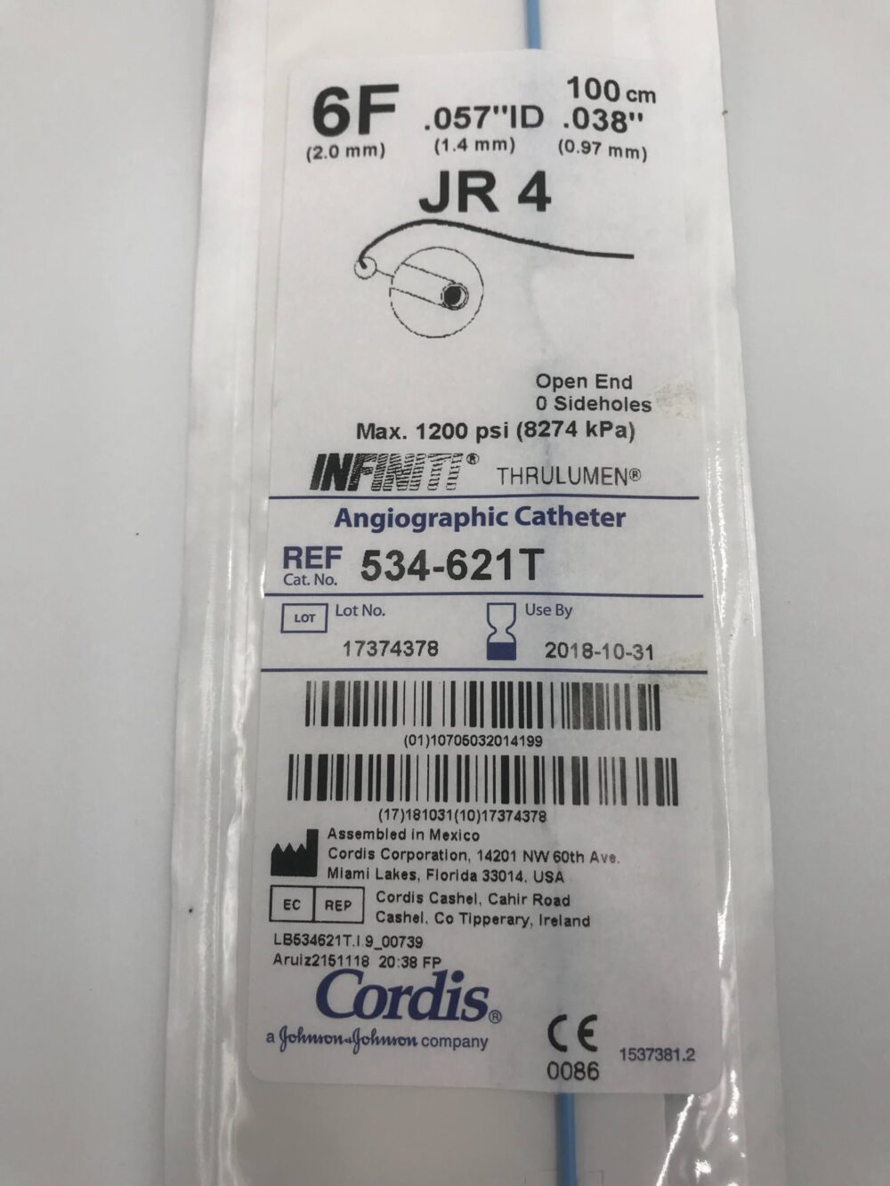 Cordis 534-621T Infiniti Thrulumen Angiographic Catheter JR 4 6F (X ...