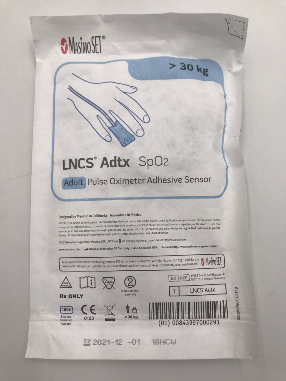 Masimo 1859 LNCS Adtx SpO2 Adult Pulse Oximeter Adhesive Sensor >30kg ...