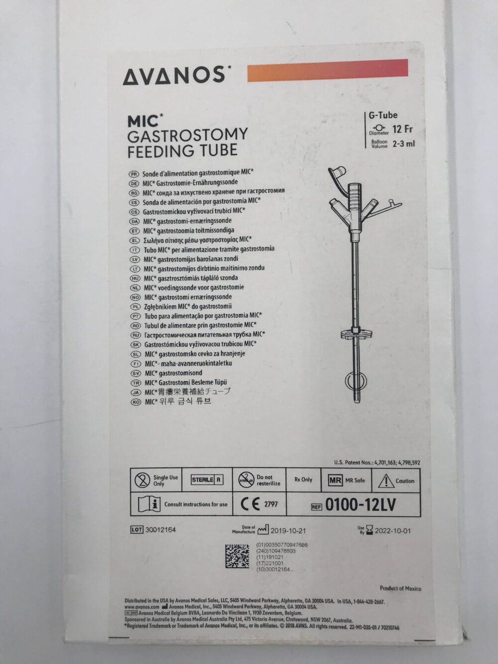 AVANOS 0100-12LV MIC Gastrostomy Feeding Tube, G-Tube 12Fr (X) – GB ...