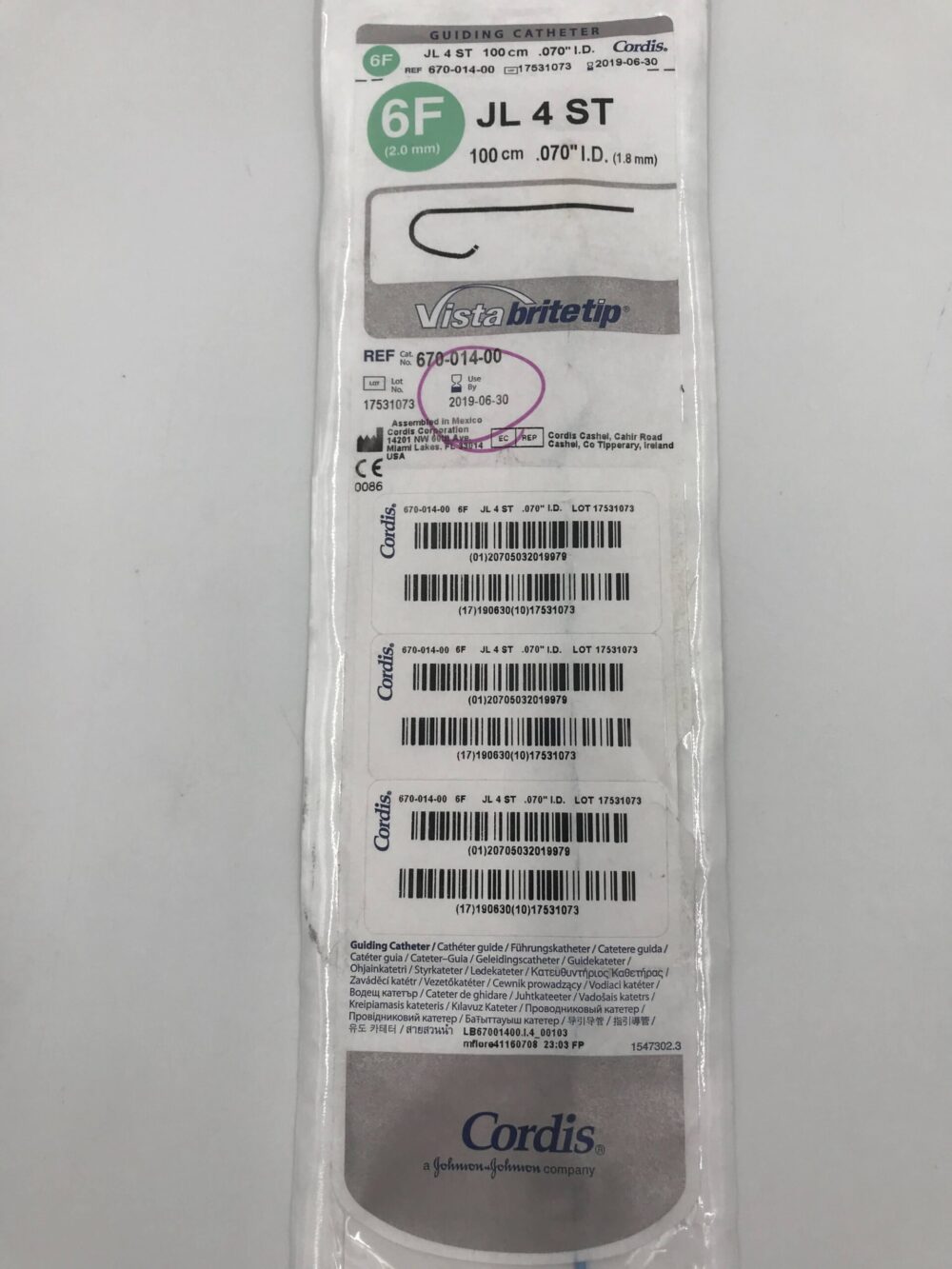 CORDIS 670-014-00 Vista Brite Tip Guiding Catheter JL4 ST 6F (X) - GB TECH USA