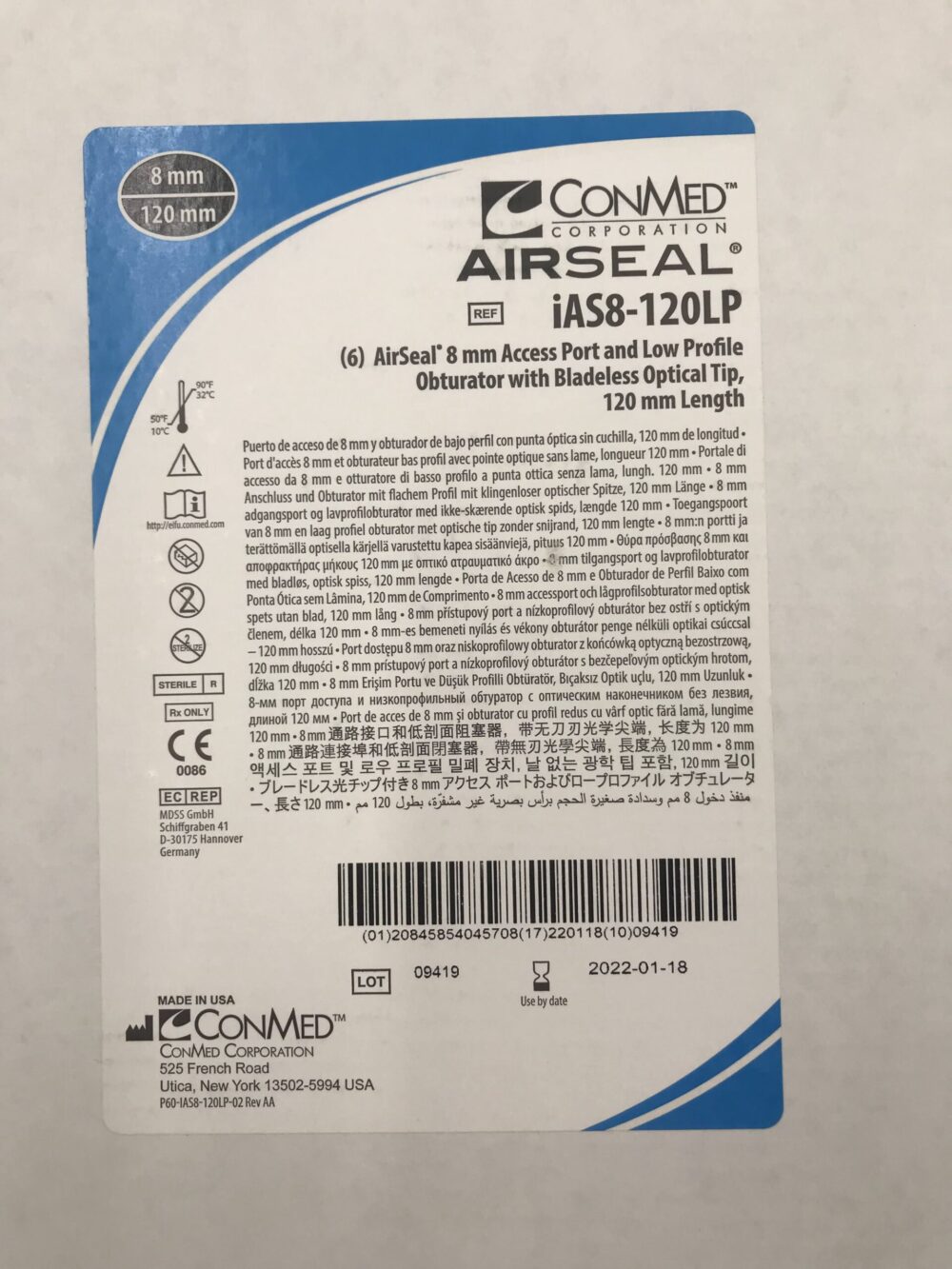 CONMED iAS8-120LP AirSeal 8mm Access Port & Low Profile Obturator w ...