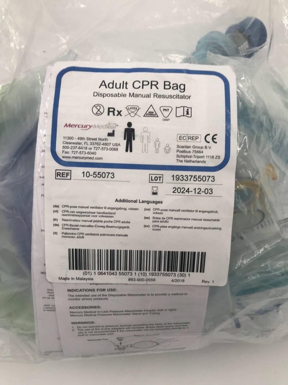 MERCURY MEDICAL 10-55073 Adult CPR Bag Disposable Manual Resuscitator ...