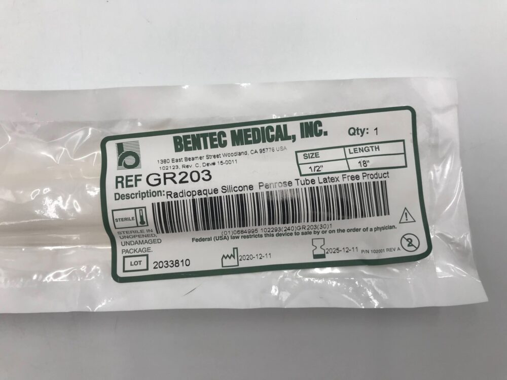 BENTEC MEDICAL GR203 Radiopaque Silicone Penrose Tube LF 1/2in x 18in ...